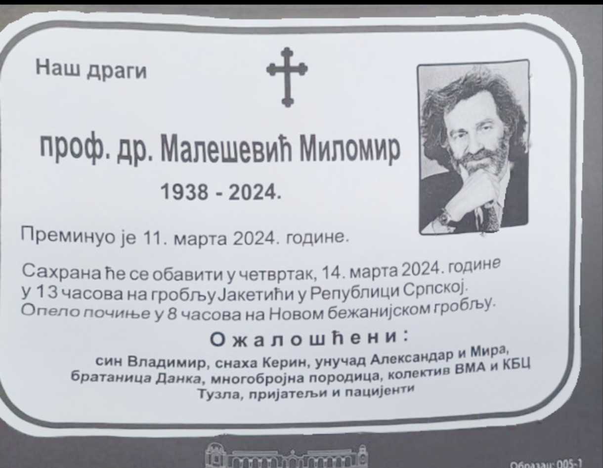 Preminuo prof.dr. Malešević Milomir - RTV SLON