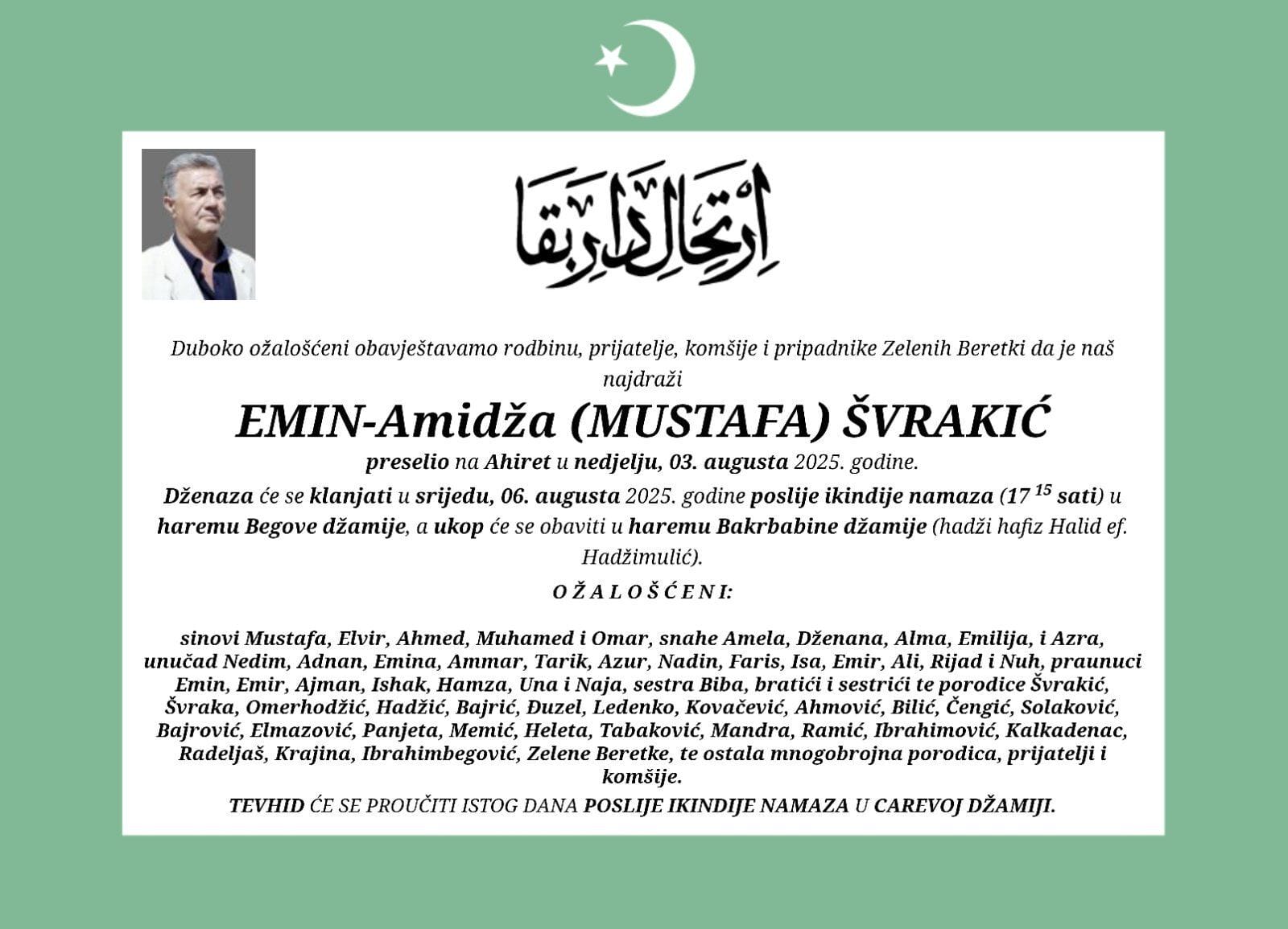 Dženaza Eminu-Amidži Švrakiću u srijedu u Sarajevu